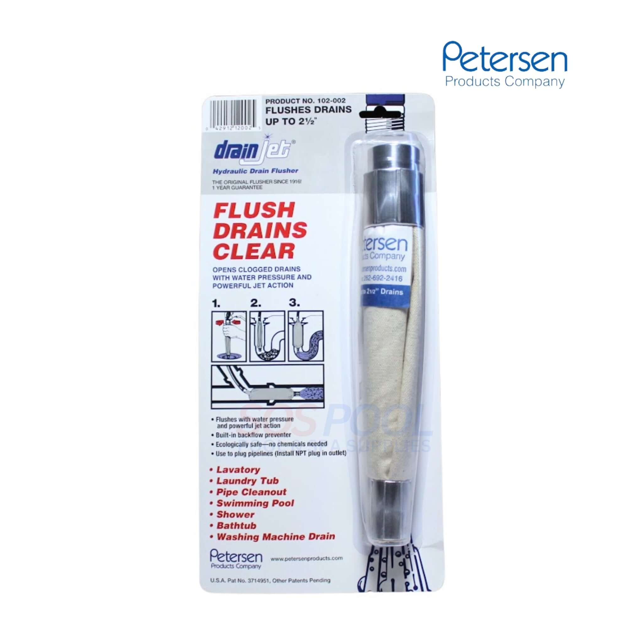 Petersen Hydraulic Drain Flusher | DrainJet | Opens Clogged Drains | 1