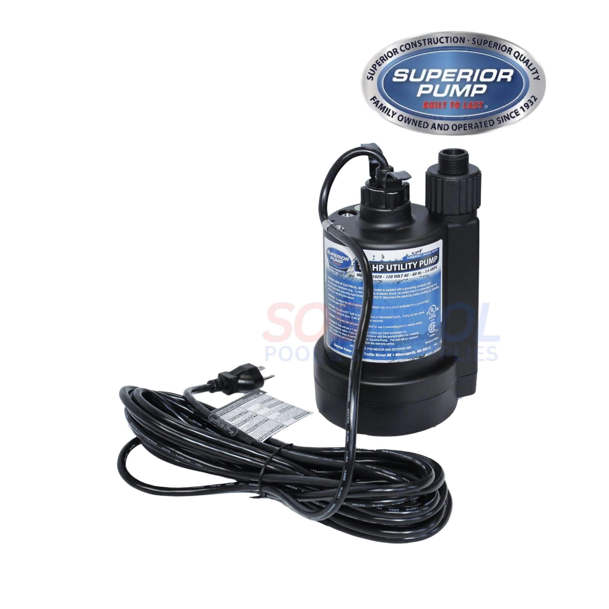 Superior Thermoplastic Water Drain Submersible Pump | 1560 GPH | 1/5 H